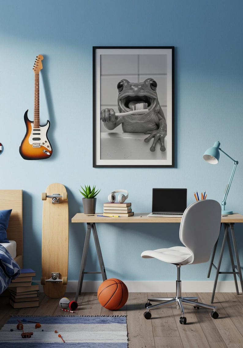 Funny Frog Wall Art, Frog Brushing Teeth, Quirky Bathroom Wall Decor ...