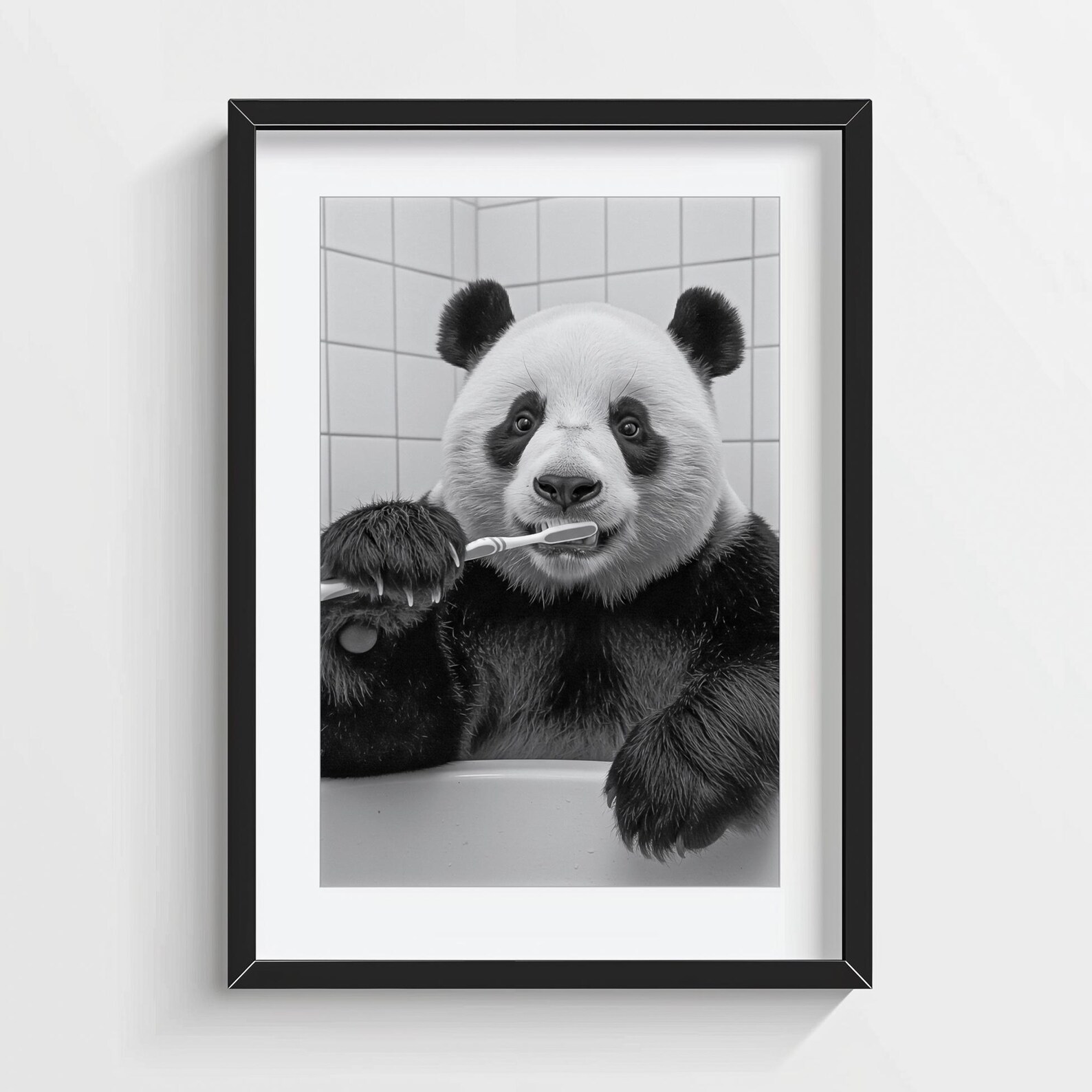 Funny Panda Wall Art, Panda Brushing Teeth, Quirky Bathroom Wall Decor ...