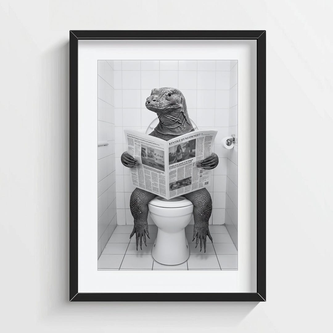 Funny Komodo Dragon Wall Art, Dragon Sitting on Toilet, Quirky Bathroom ...