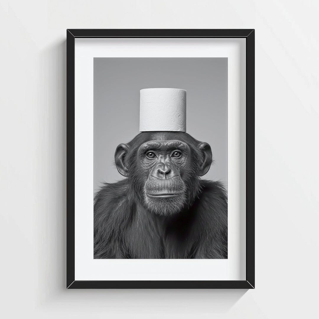 Funny Chimp Wall Art, Chimp With a Toilet Paper Roll on Head, Quirky ...