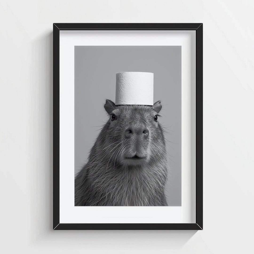 Funny Capybara Wall Art, Capybara With a Toilet Paper Roll on Head ...