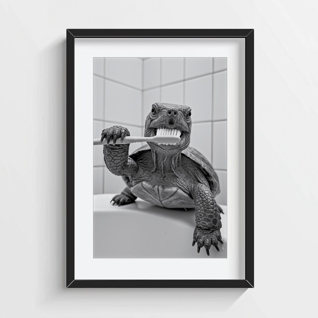 Funny Turtle Brushing Teeth Print: Quirky Bathroom Decor (digital ...