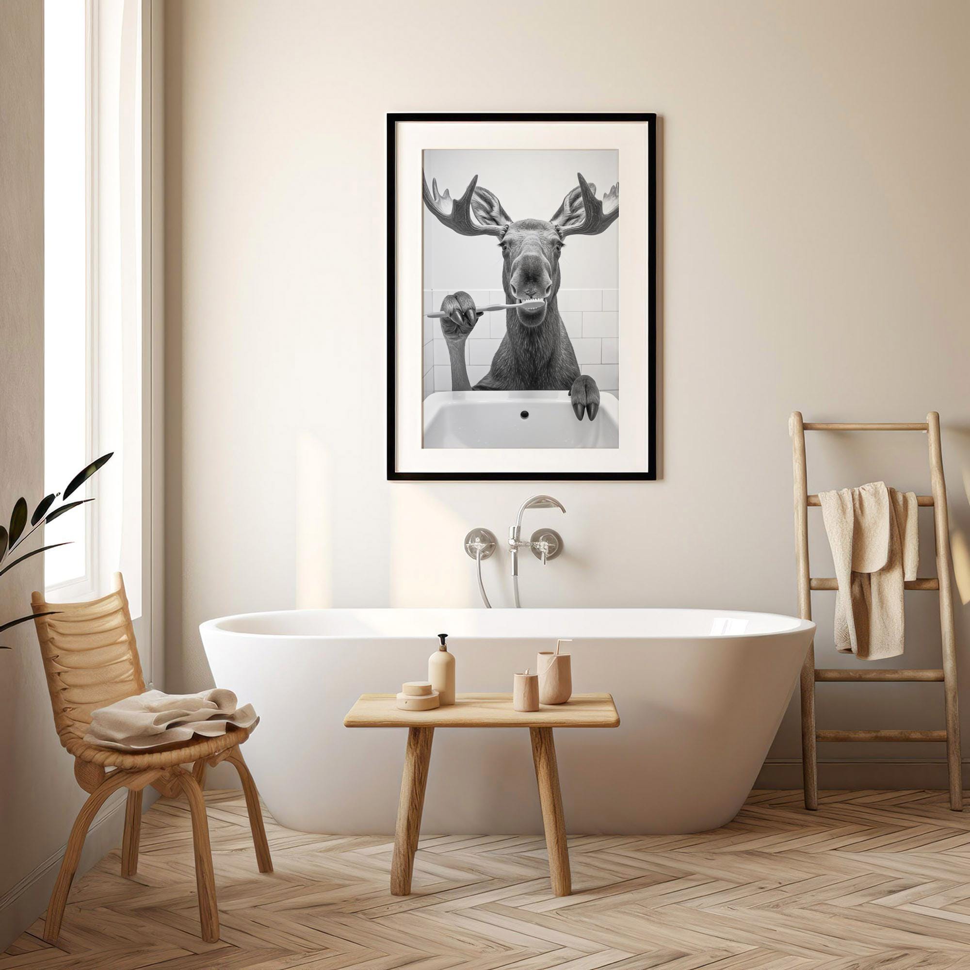 Funny Moose Brushing Teeth Print: Quirky Bathroom Decor (digital ...