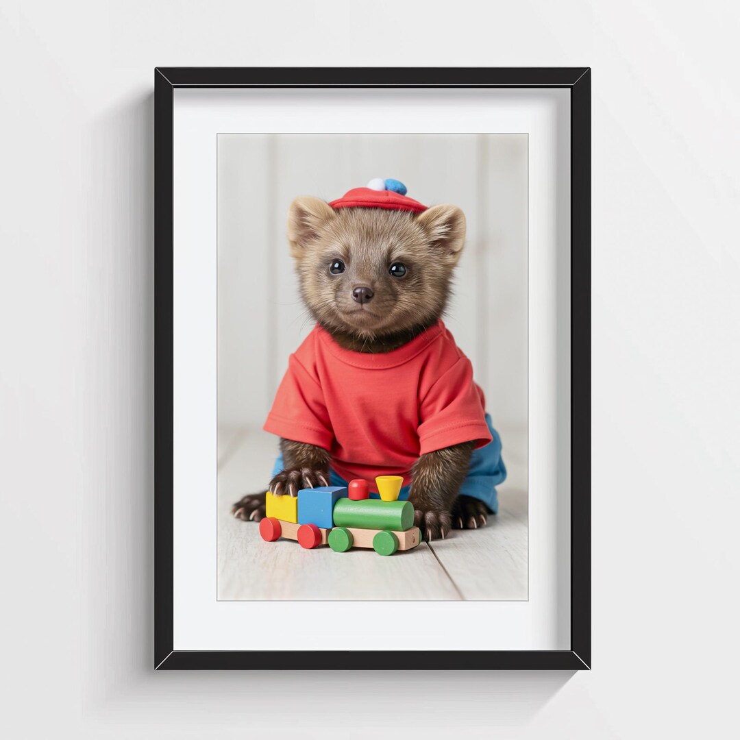 Cute Baby Marten Playing With Toy Train - Whimsical Nursery Wall Art ...