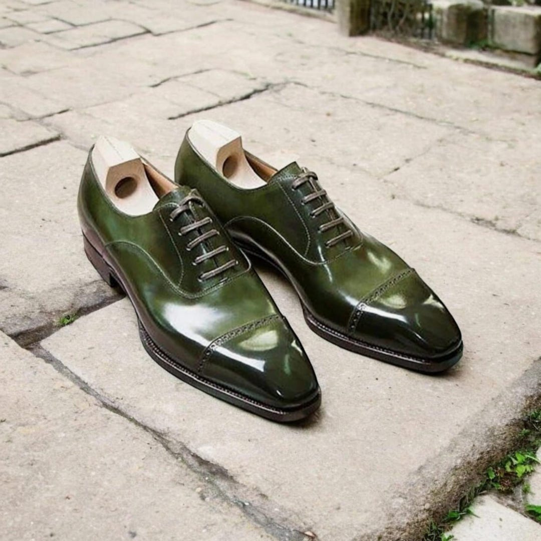Handmade Green Leather Oxford Brogue Shoes: Men's Wedding Dress Shoes ...