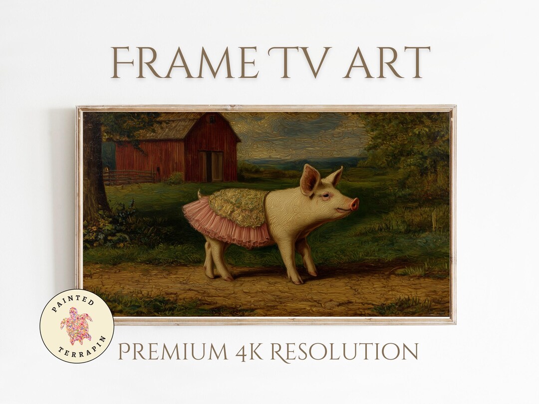 Frame TV Art, Whimsical Pig in a Tutu Painting, Dark Cottagecore, Dark ...