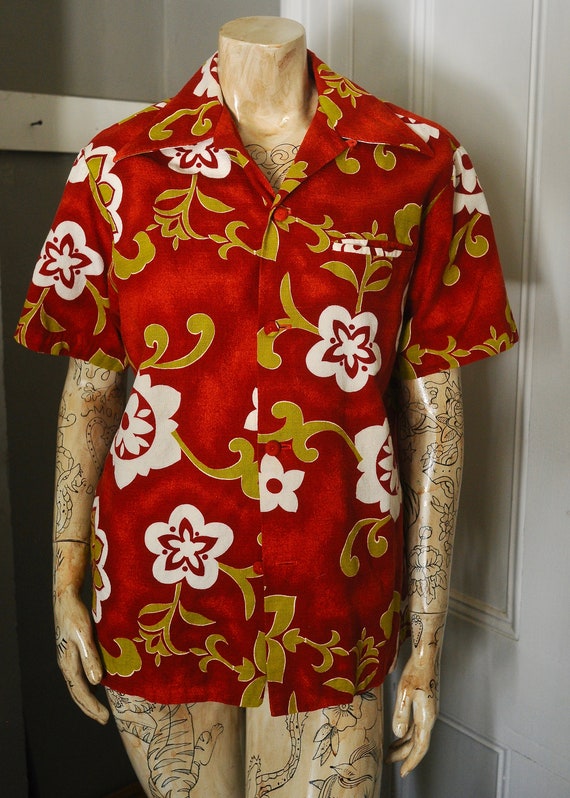Pacific Isle Hawaiian Mens Shirt Orange Red Lime Green - Gem