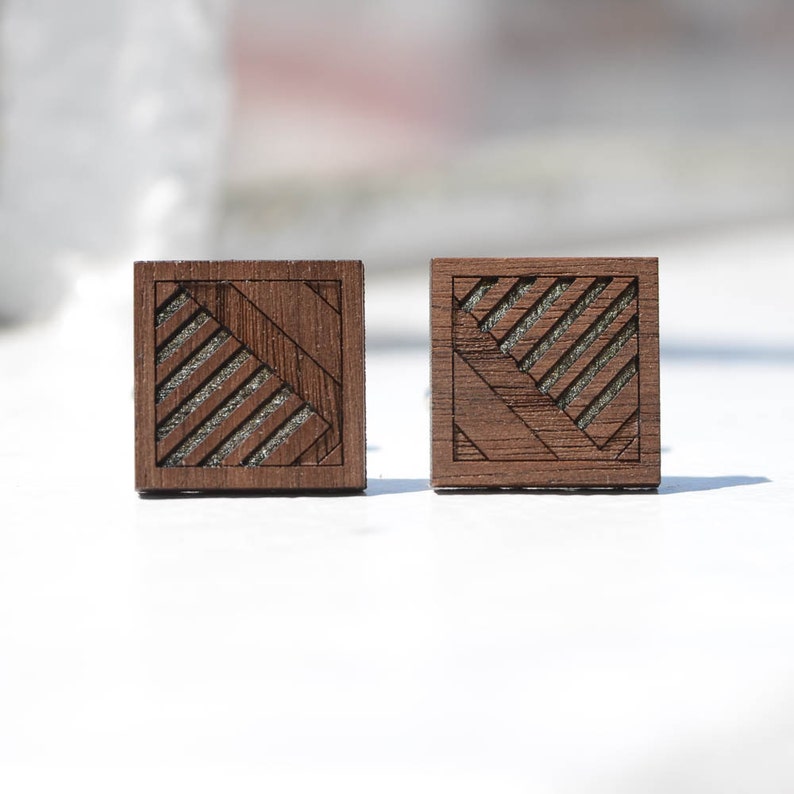 Striped Square Cuff Links in Walnut Wood + Silver / Modern Geometric ...