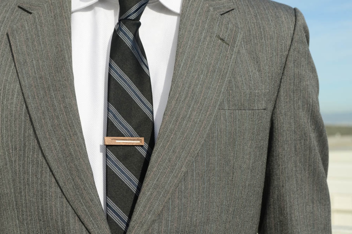 Skinny Tie Clip | Modern Geometric Walnut Wood | Silver - Etsy