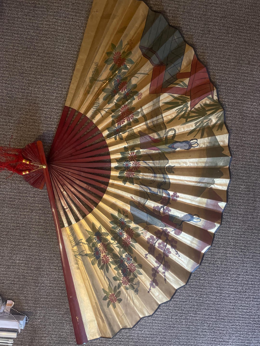 Vintage Large Chinese Fan Wall Art Hand Painted Gold - Etsy