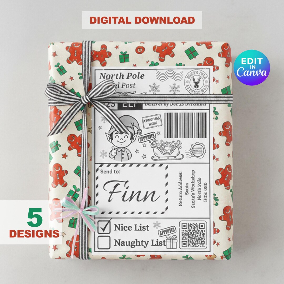 Christmas Shipping Label Canva Template 6x4 Labels Santa Mail Thermal ...