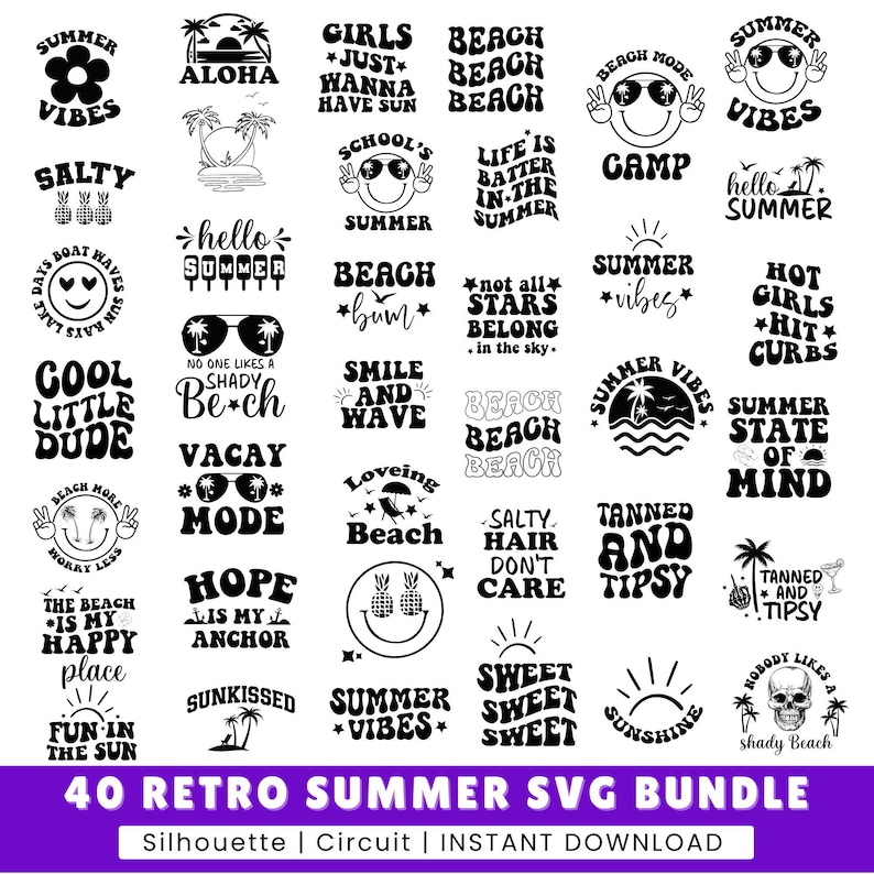 Retro Summer SVG Bundle: Beach Quotes & Groovy Graphics (digital ...