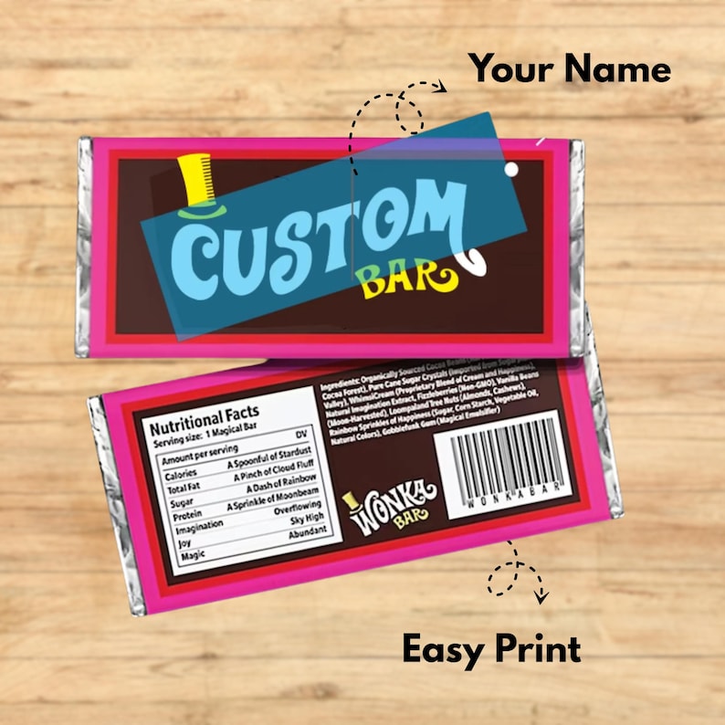 Custom ''your Text'' Wonka Bar, Wonka Chocolate Bar Label, Willy Wonka ...