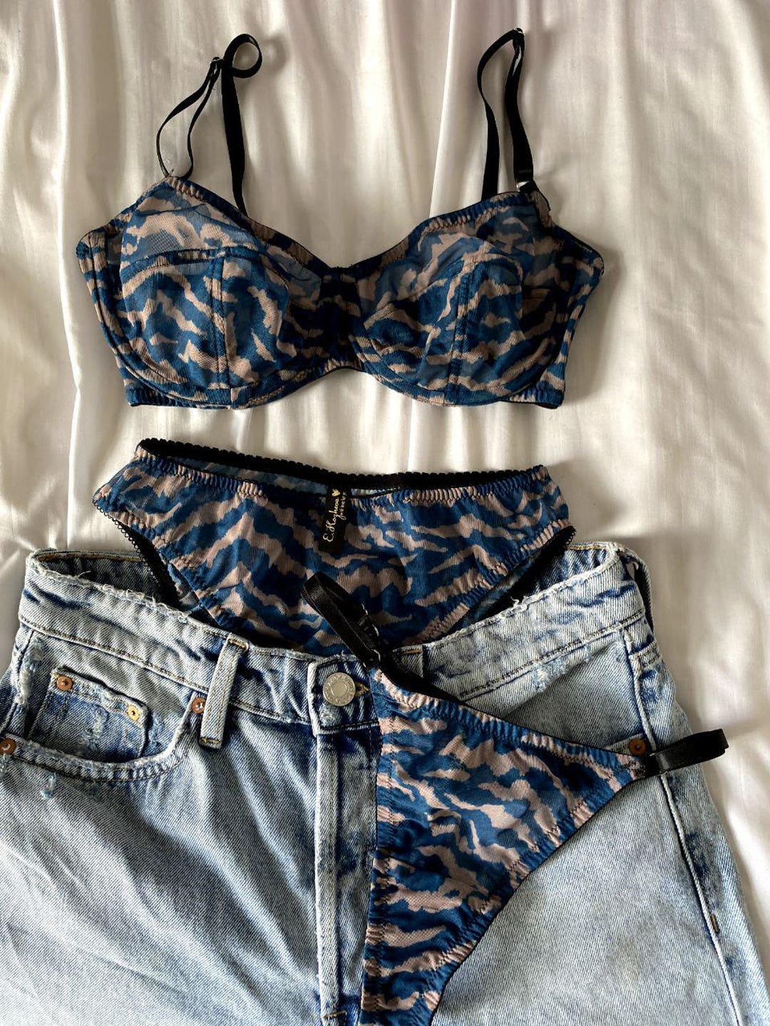 Custom Blue Mesh Lingerie Set With Underwire Bra & Choice of Panties ...