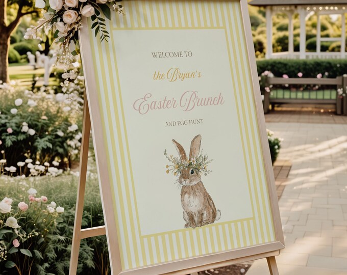 Striped Easter Welcome Sign, Spring Flowers, Brunch, Bunny Poster, Egg ...