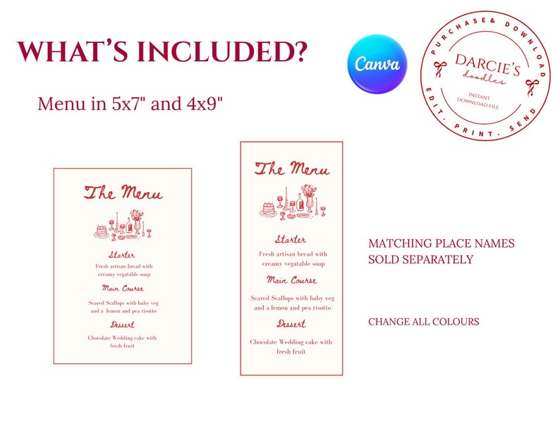 Whimsical Hand-drawn Wedding Menu Template: Red Dinner Party (digital ...