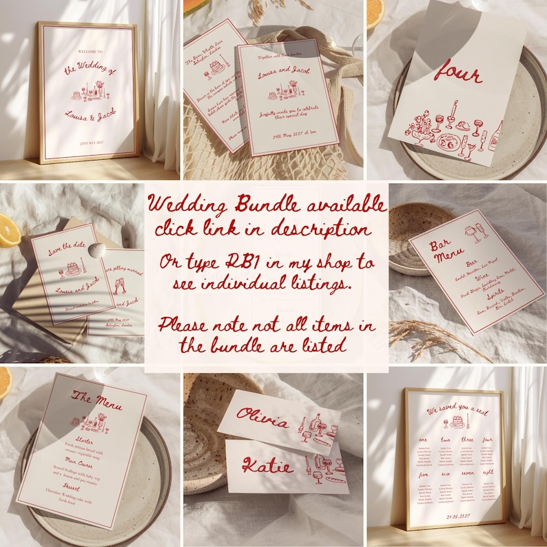 Whimsical Hand-drawn Wedding Menu Template: Red Dinner Party (digital ...