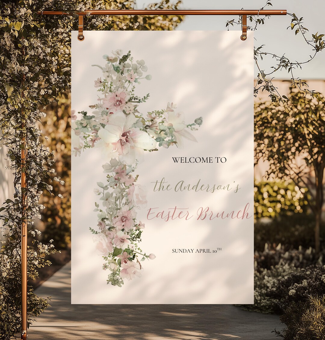 Easter Welcome Sign, Religious Floral Cross, Brunch, Spring Flowers ...