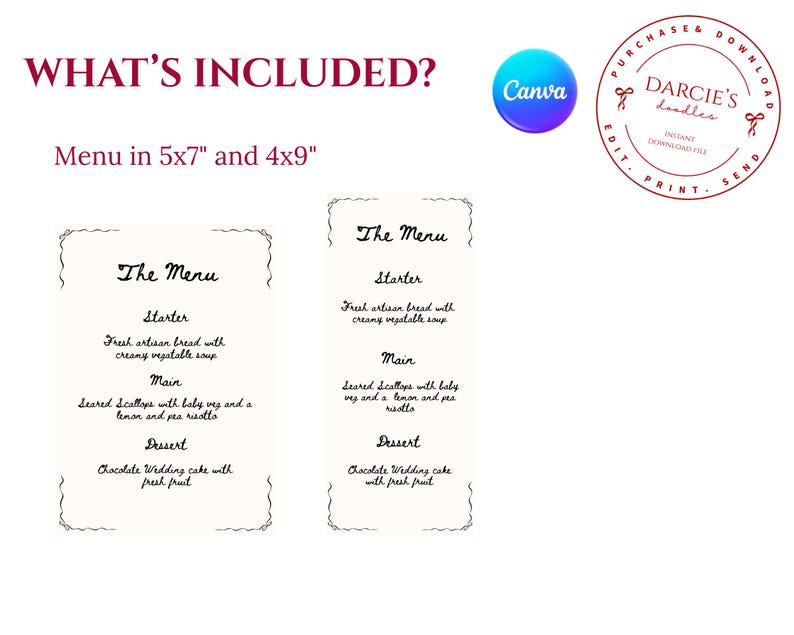 Whimsical Hand-drawn Wedding Menu Template (digital Download, 4x9 & 5x7 ...