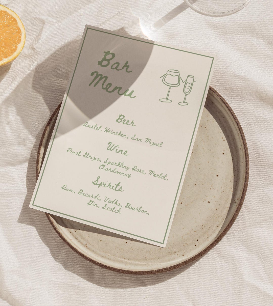 Hand-drawn Sage Green Bar Menu Template: Whimsical Illustrated Wedding ...