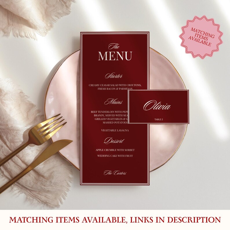 Red Wedding Menu Card, Burgundy Dinner, Canva Template, Instant ...