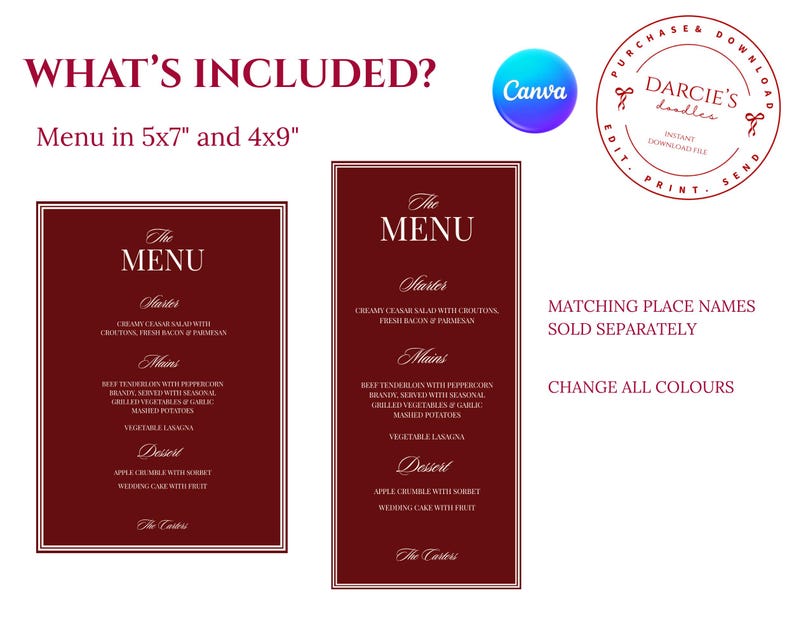 Red Wedding Menu Card, Burgundy Dinner, Canva Template, Instant ...