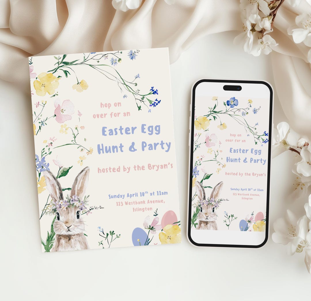 Floral Easter Bunny Invitation and Evite, Spring Flowers, Egg Hunt ...