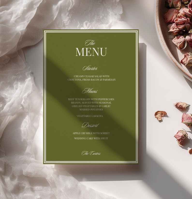 Olive Green Wedding Menu Card, Dinner, Canva Template, Instant Download ...