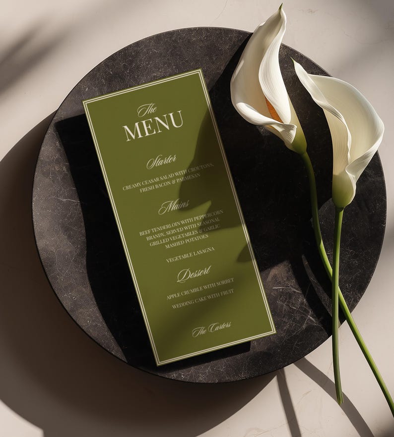 Olive Green Wedding Menu Card, Dinner, Canva Template, Instant Download ...