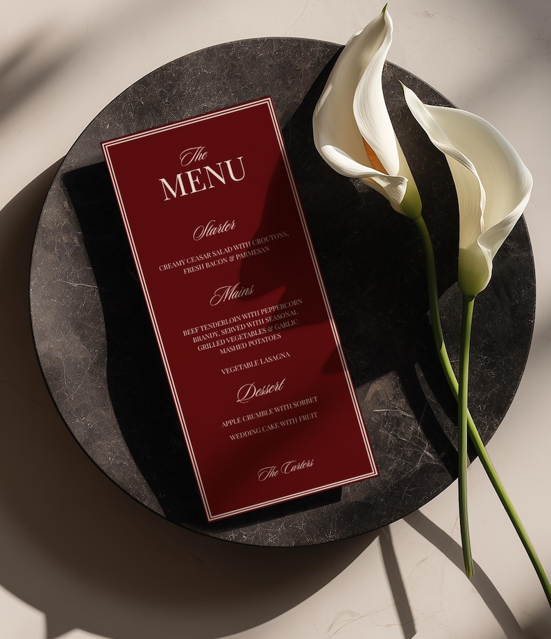 Red Wedding Menu Card, Burgundy Dinner, Canva Template, Instant ...