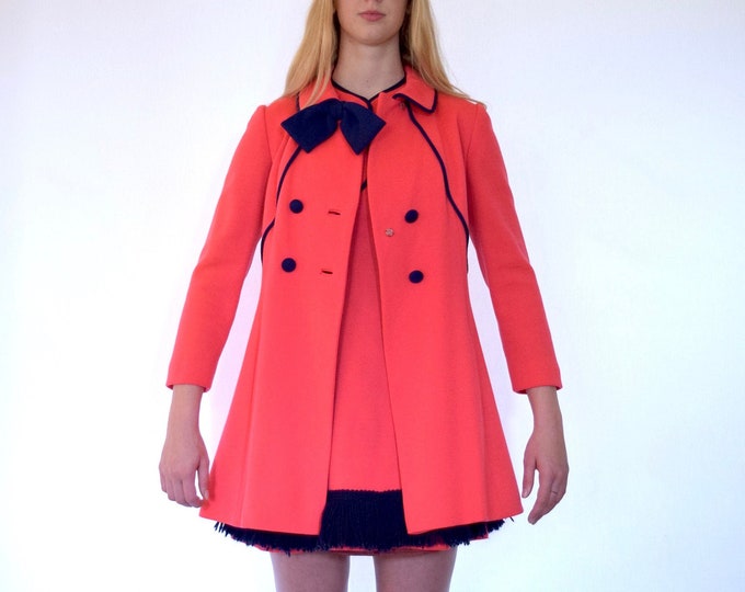 60s Lilli Ann Hot Coral Navy Blue Fringe Trim Mini Coat Dress - Etsy