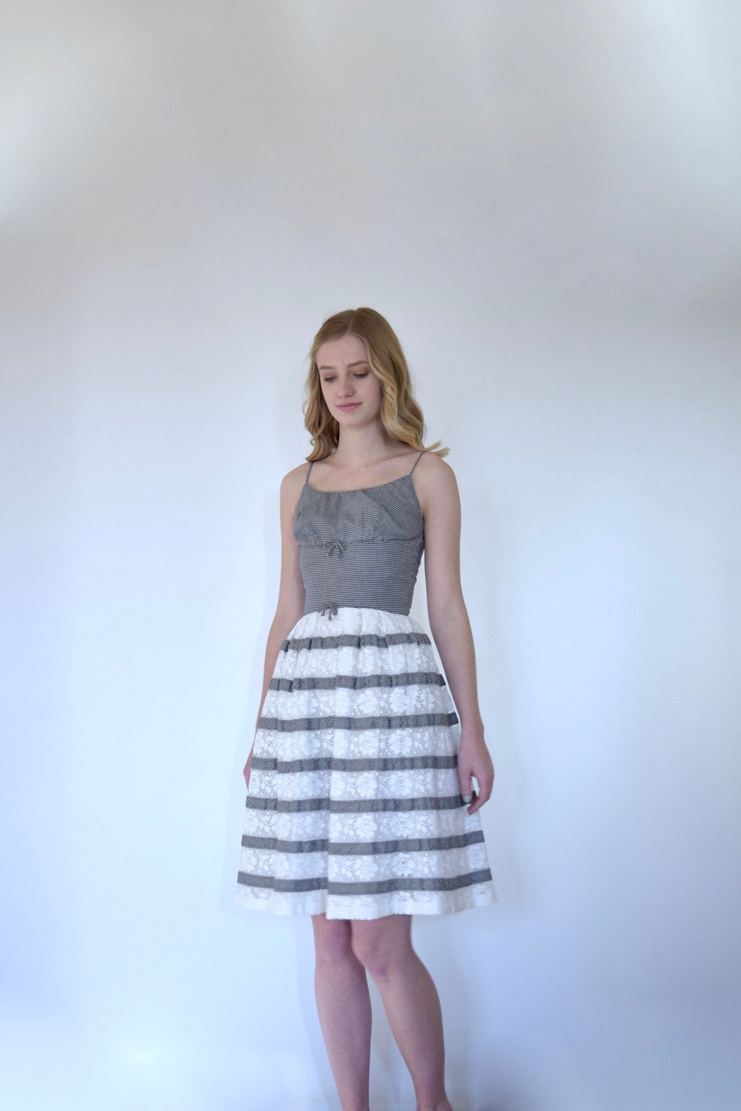 50s Black White Gingham Lace Stripe Fitted Structured Classic Dress Xxs ...
