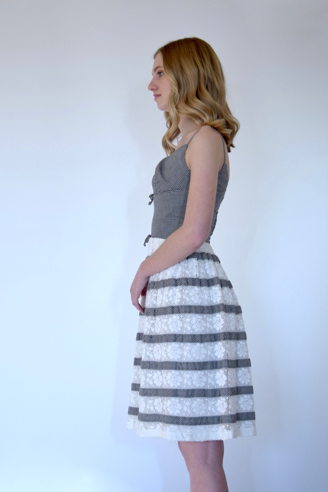 50s Black White Gingham Lace Stripe Fitted Structured Classic | Etsy