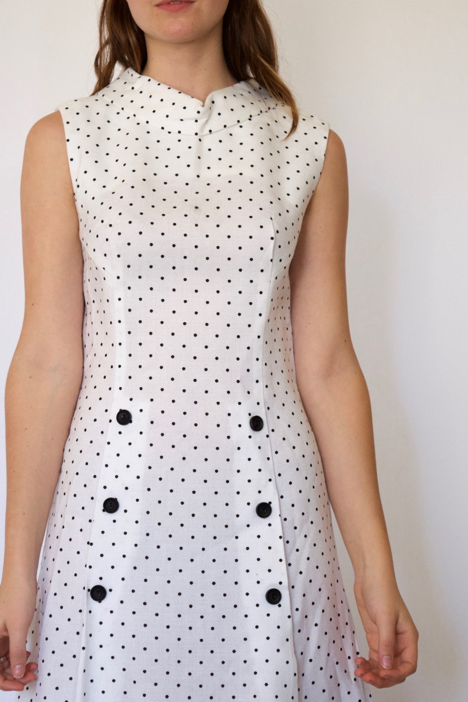 70s White Black Polka Dot Sailor Buttons Shift Dress S M - Etsy