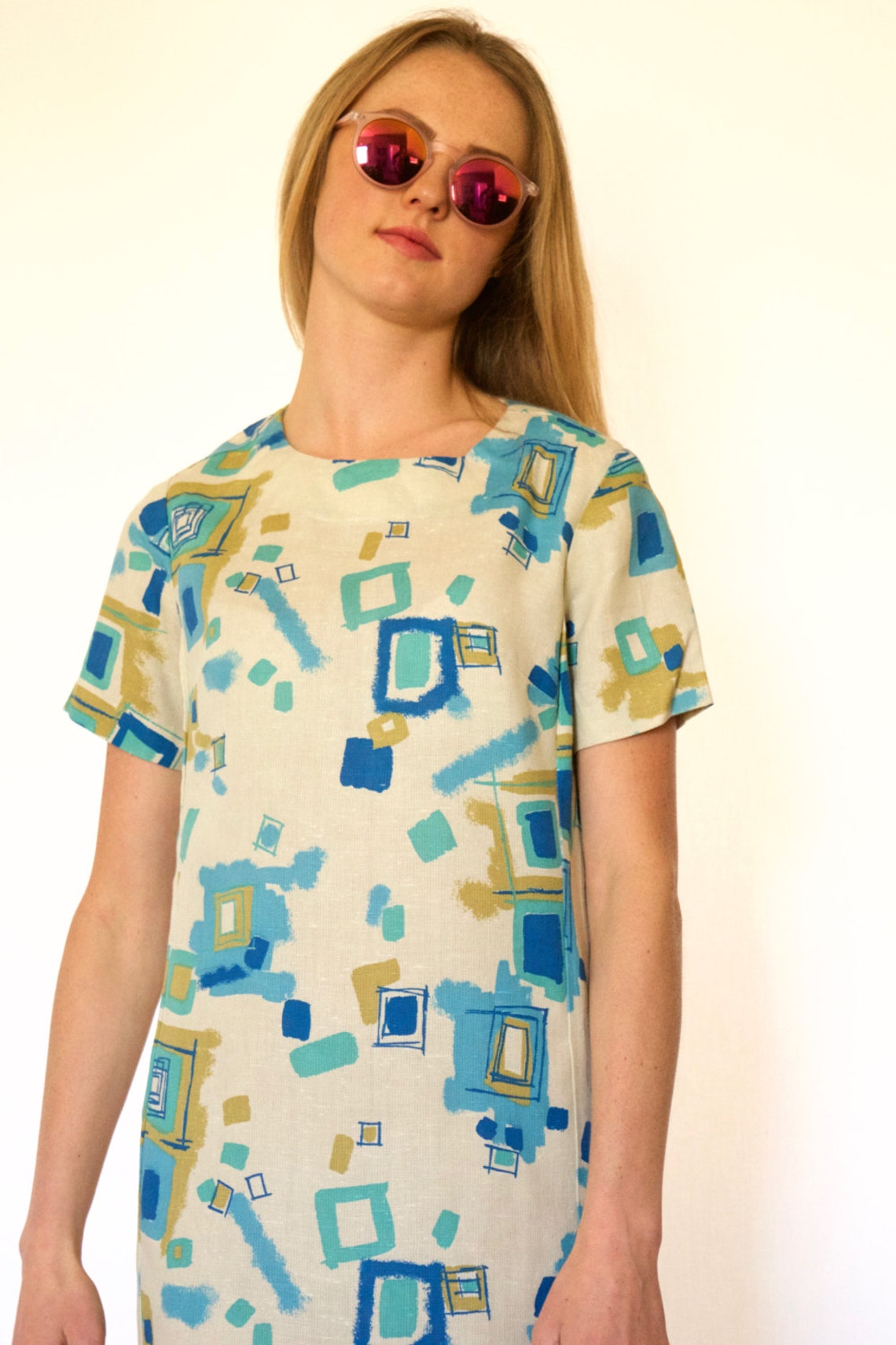 60s Mod Heavy Linen Geometric Shapes Short Sleeve Shift Dress Xs S - Etsy
