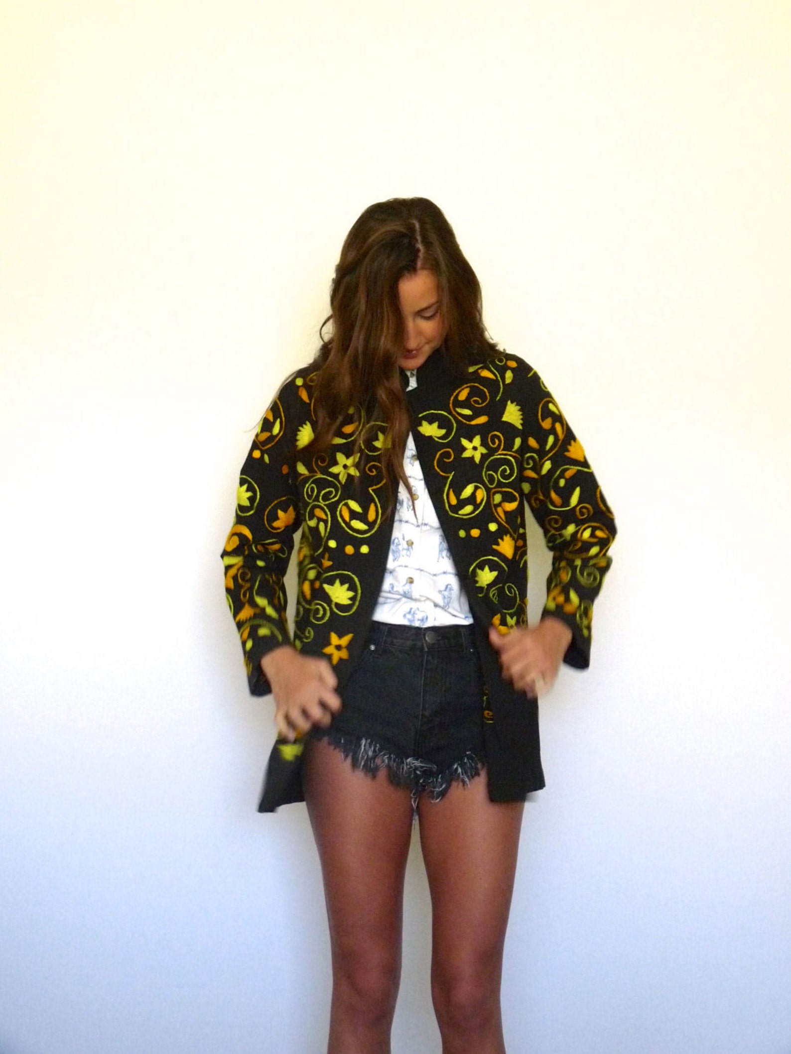 60s Colorful Embroidered Mandarin Collar Light Jacket Xs S M - Etsy