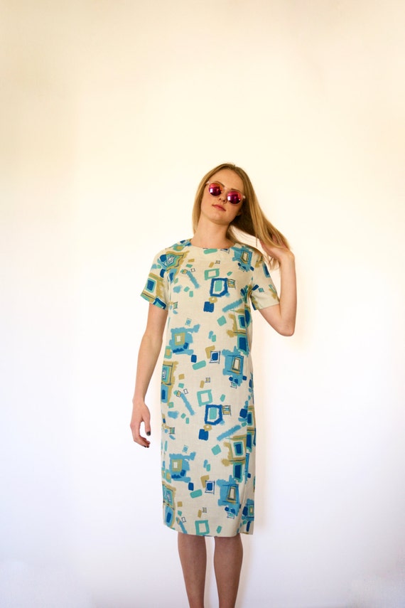 60s Mod Heavy Linen Geometric Shapes Short Sleeve Shi… - Gem