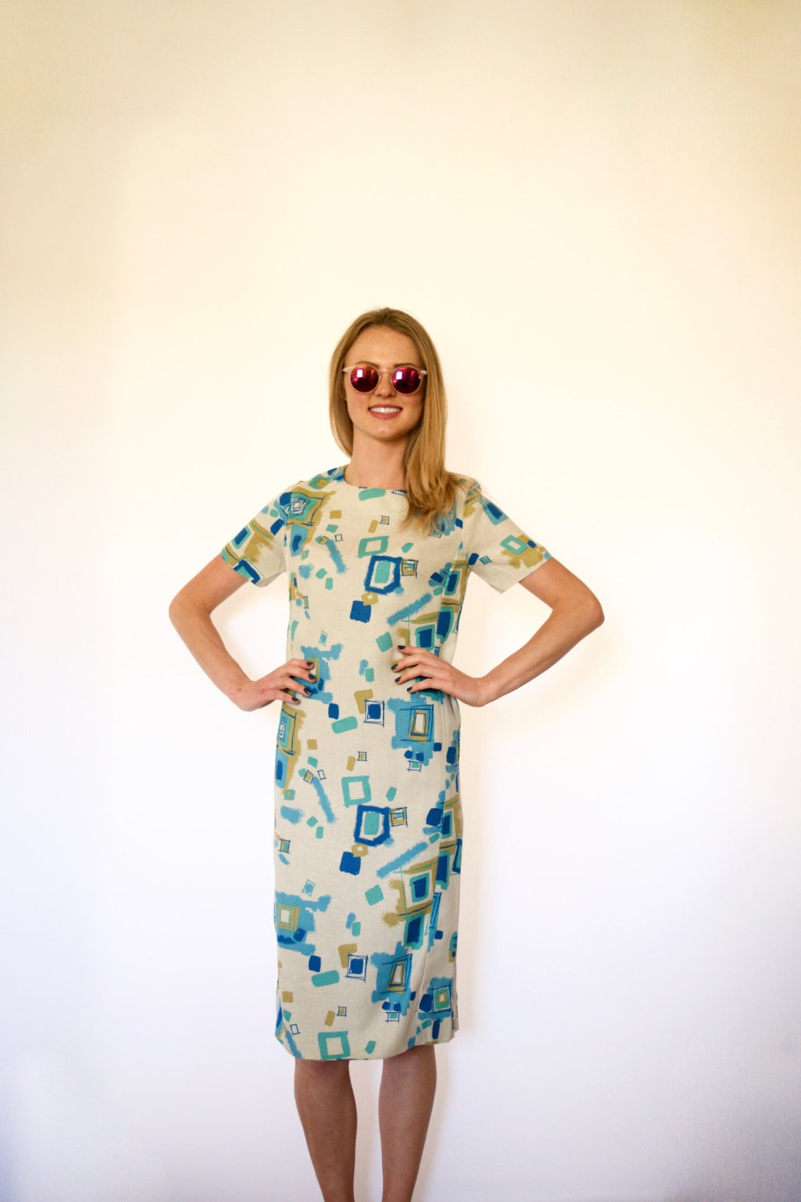 60s Mod Heavy Linen Geometric Shapes Short Sleeve Shift Dress Xs S - Etsy