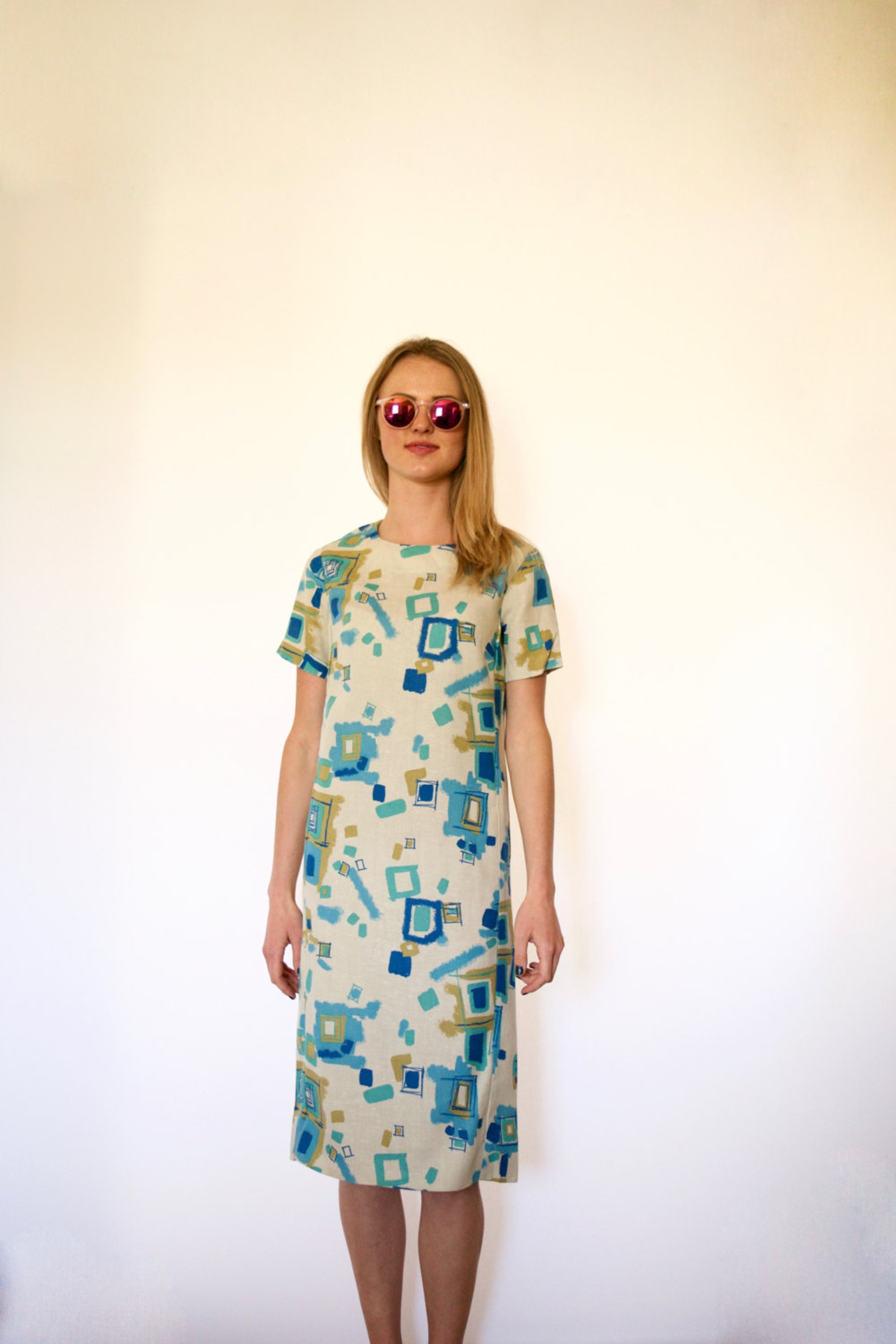 60s Mod Heavy Linen Geometric Shapes Short Sleeve Shift Dress Xs S - Etsy