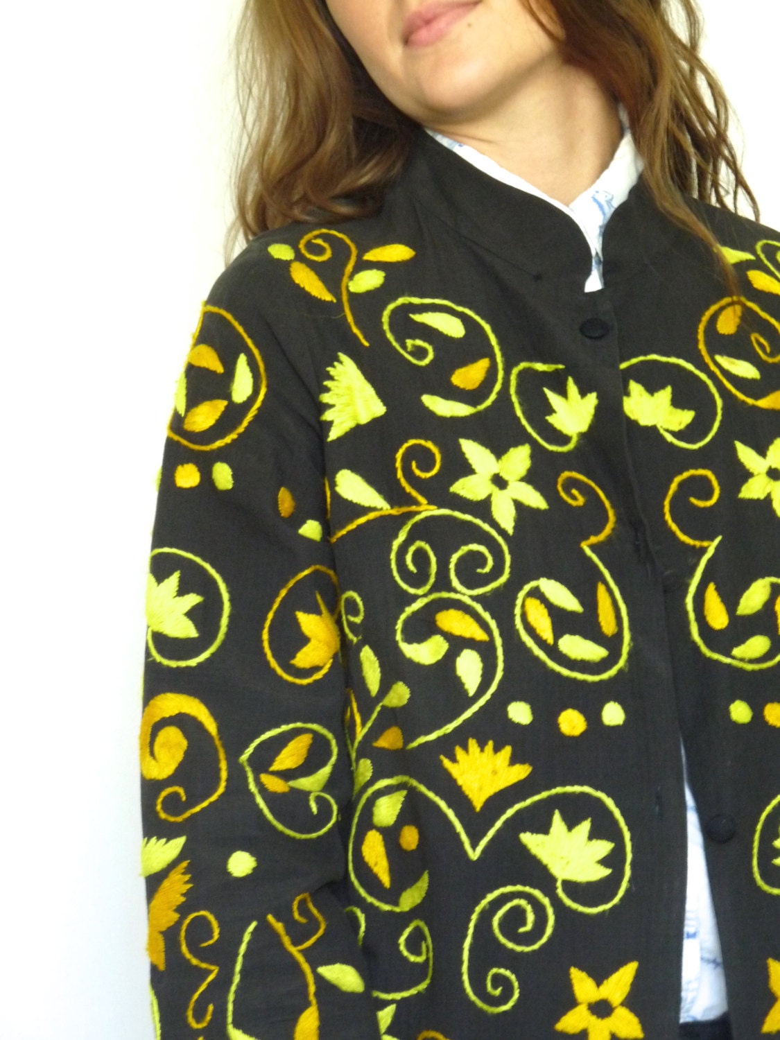 60s Colorful Embroidered Mandarin Collar Light Jacket Xs S M | Etsy