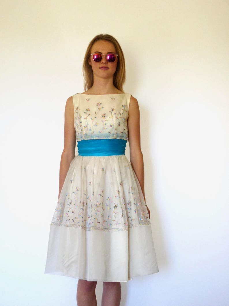 50s Rainbow Floral Embroidery Poofy Cummerbund Dress Xxs Xs - Etsy