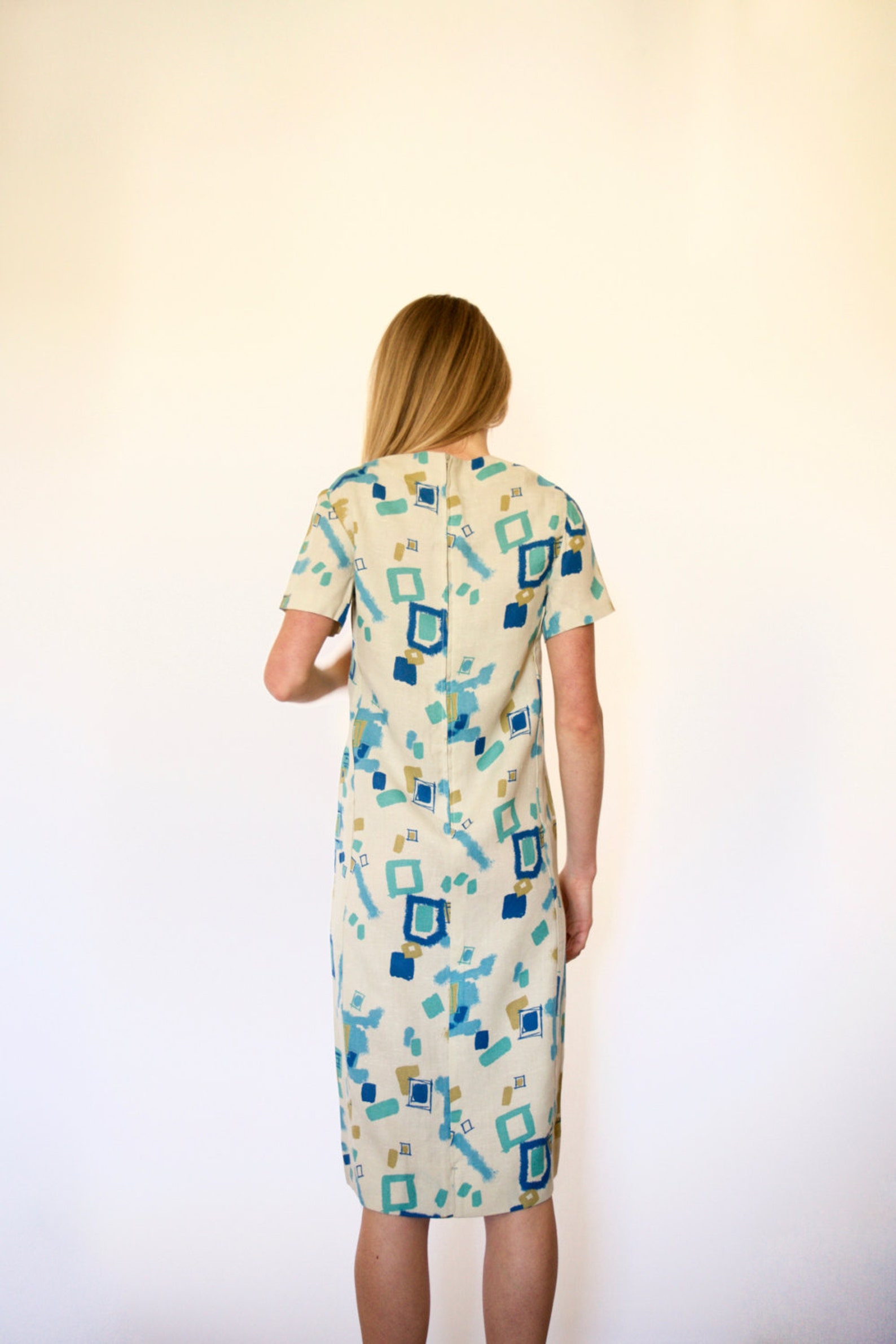 60s Mod Heavy Linen Geometric Shapes Short Sleeve Shift Dress Xs S - Etsy