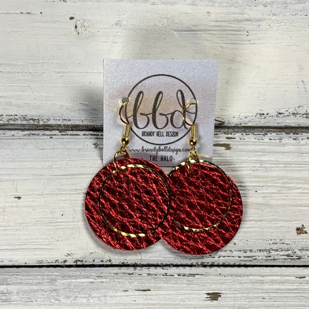 Leather Metal Circle Earring, Red Leather Circle Earring, Metallic Red ...