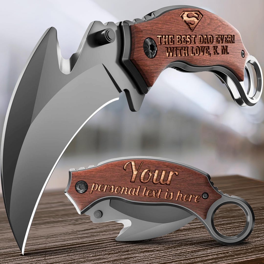 Engraved Karambit Knife With Wood Handle - Personalized Folding Knives ...