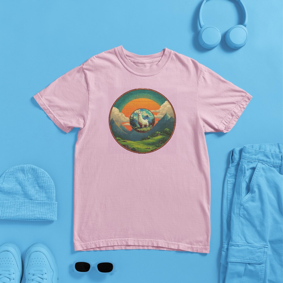 Retro Pixel Art Lama Shirt – Mountain Sunset Landscape Tee - Etsy