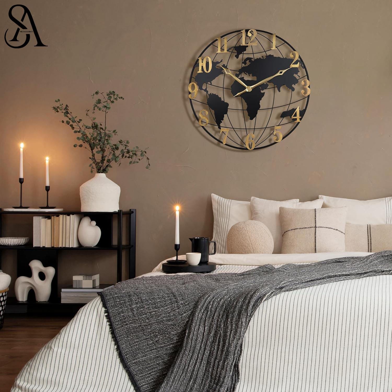 Large World Map Wall Clock | Modern Metal Globe Wall Art Clock – Black ...