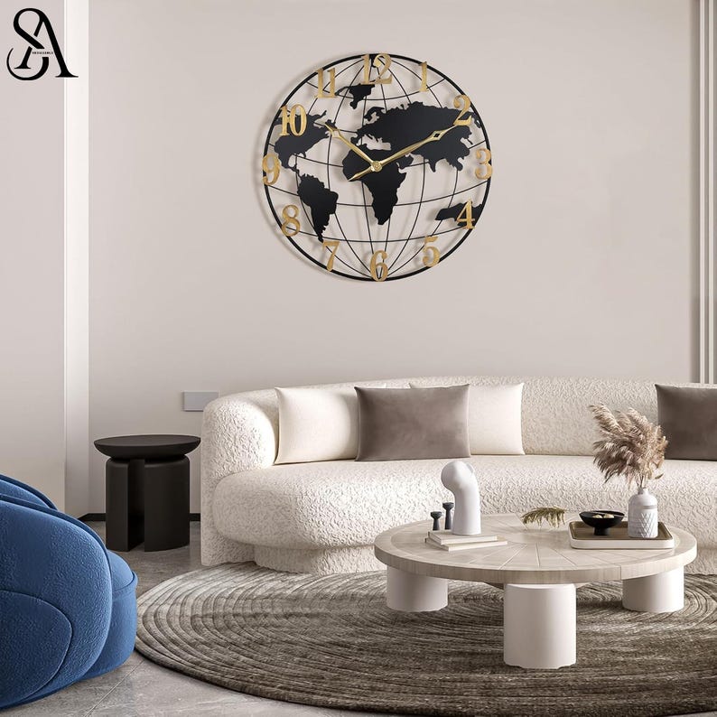 Large World Map Wall Clock | Modern Metal Globe Wall Art Clock – Black ...