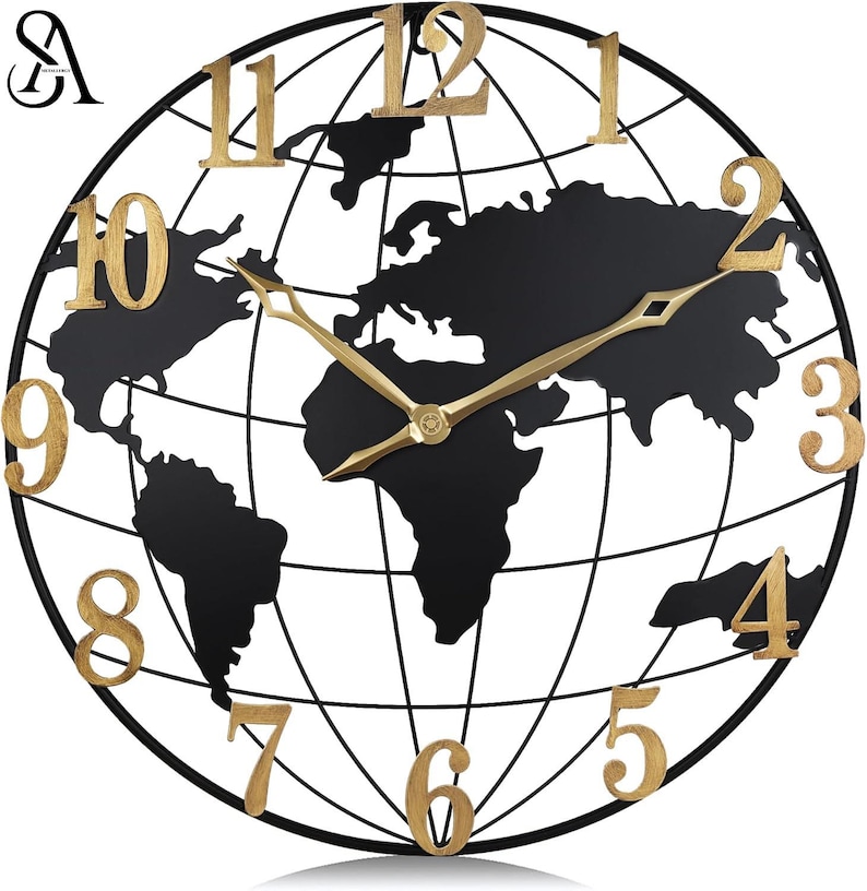 Large World Map Wall Clock | Modern Metal Globe Wall Art Clock – Black ...