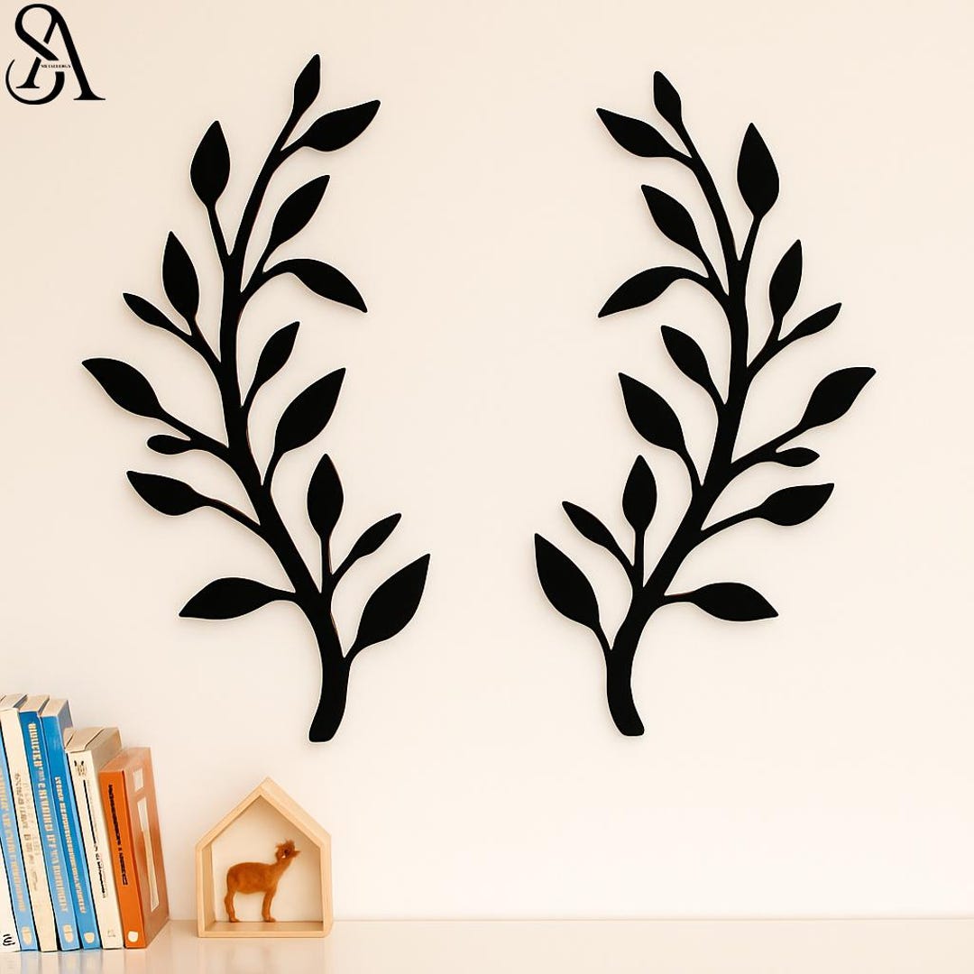 2 Piece Leaf Metal Wall Art – Minimalist Black Botanical Branch Wall ...