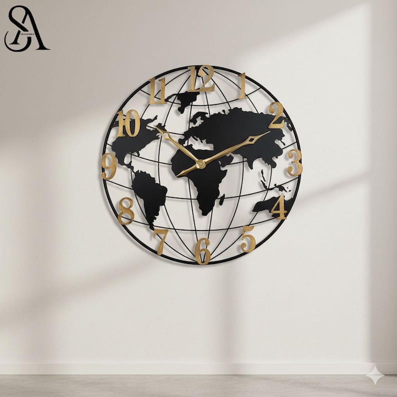Large World Map Wall Clock | Modern Metal Globe Wall Art Clock – Black ...